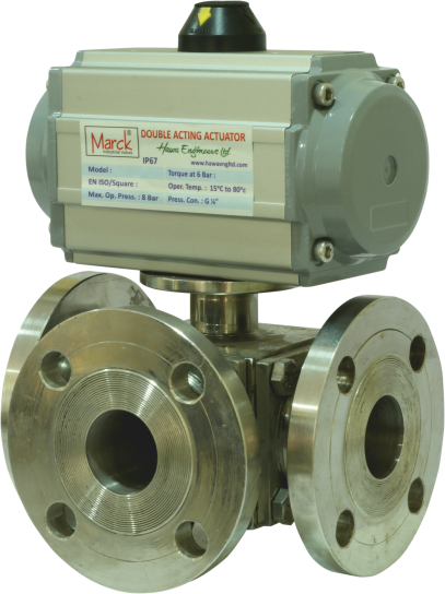 PNEUMATIC ACTUATOR OPERATED 3 WAY BALL VALVE FLANGED END L/T PORT