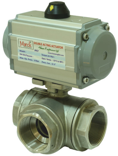 PNEUMATIC ACTUATOR OPERATED 3 WAY BALL VALVE SCREWED END L / T PORT
